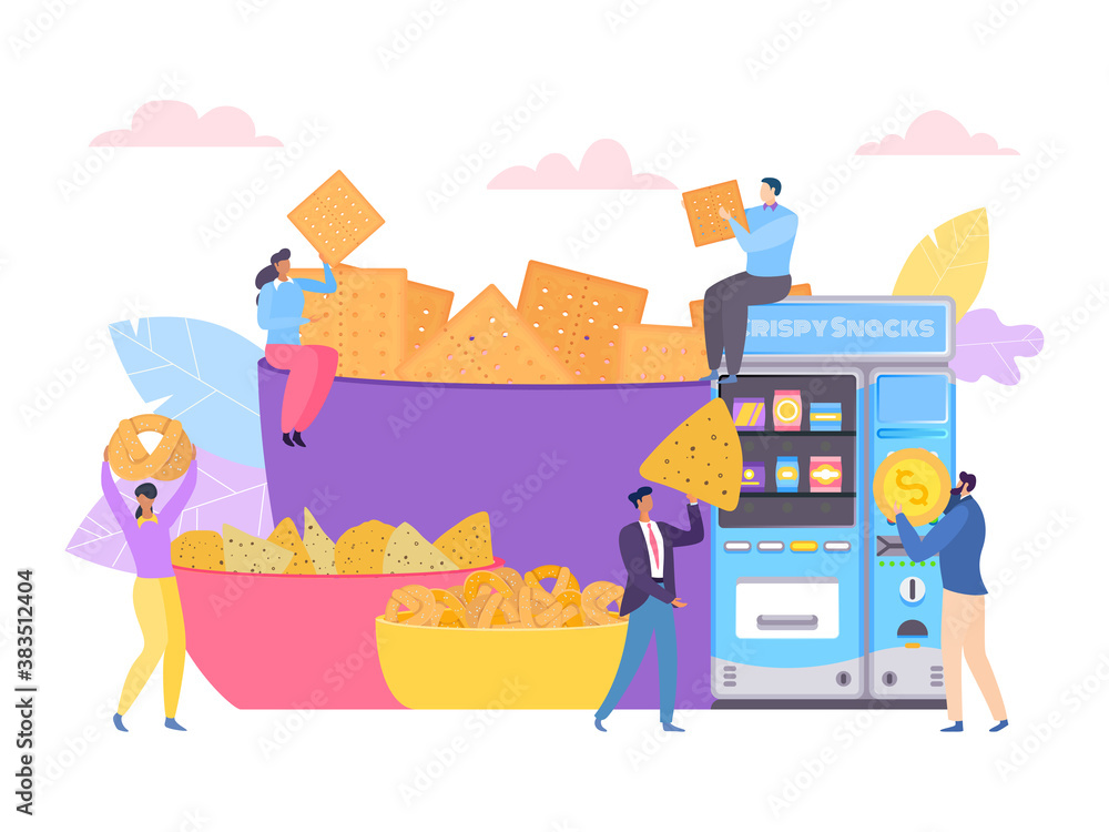 People character eat snack food, vector illustration. Cartoon tiny ...