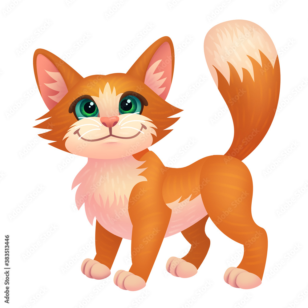Raster cartoon adorable red cat, domestic pet illustration isolated on ...