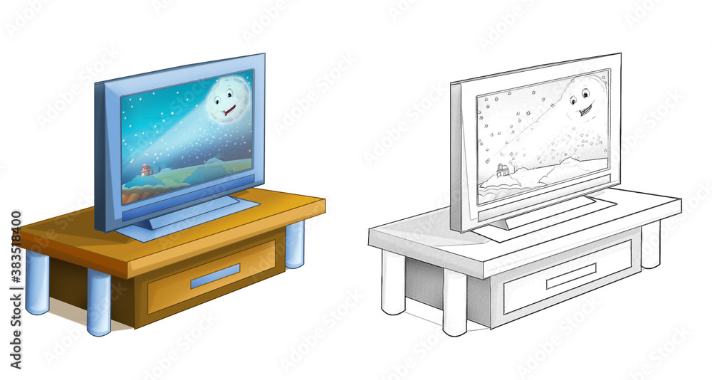cartoon scene with television device turned on - illustration for ...