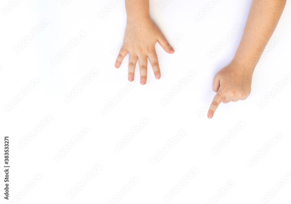 Children hands pointing on white background, top view Stock Photo ...