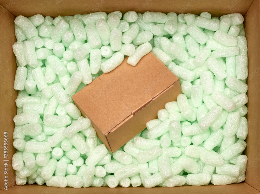 Cardboard Box with Packing Peanuts or Pellets From Top View. Isolated ...