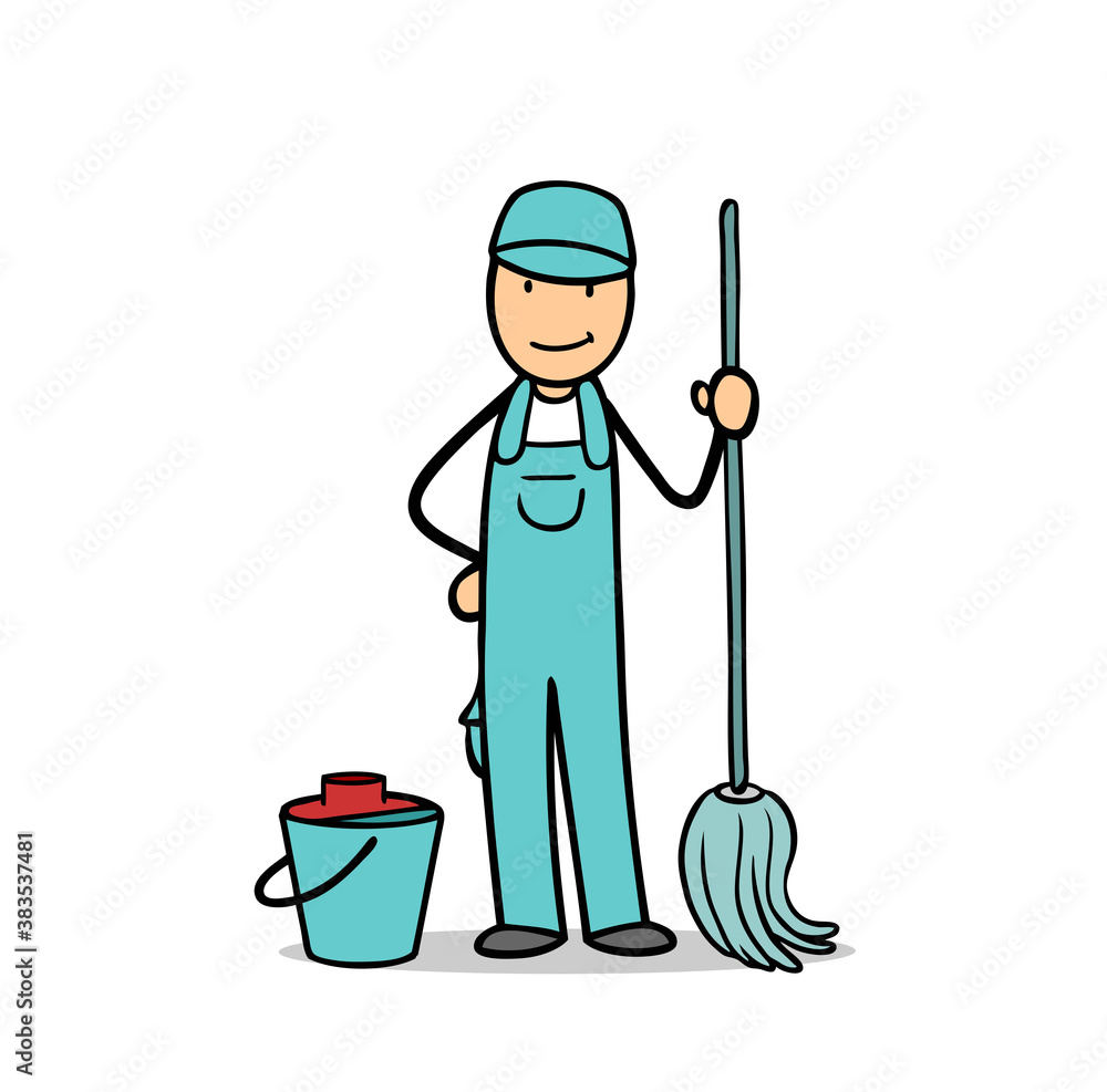Cartoon Reinigungskraft mit Eimer und Mop Stock Illustration | Adobe Stock