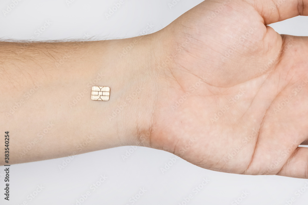 The man shows his hand with a chip implanted. The concept of chipping ...