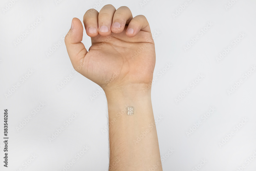 The man shows his hand with a chip implanted. The concept of chipping ...
