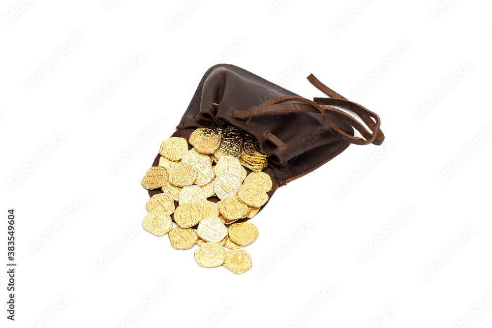 Leather old medieval pouch with poured gold coins isolated on white ...