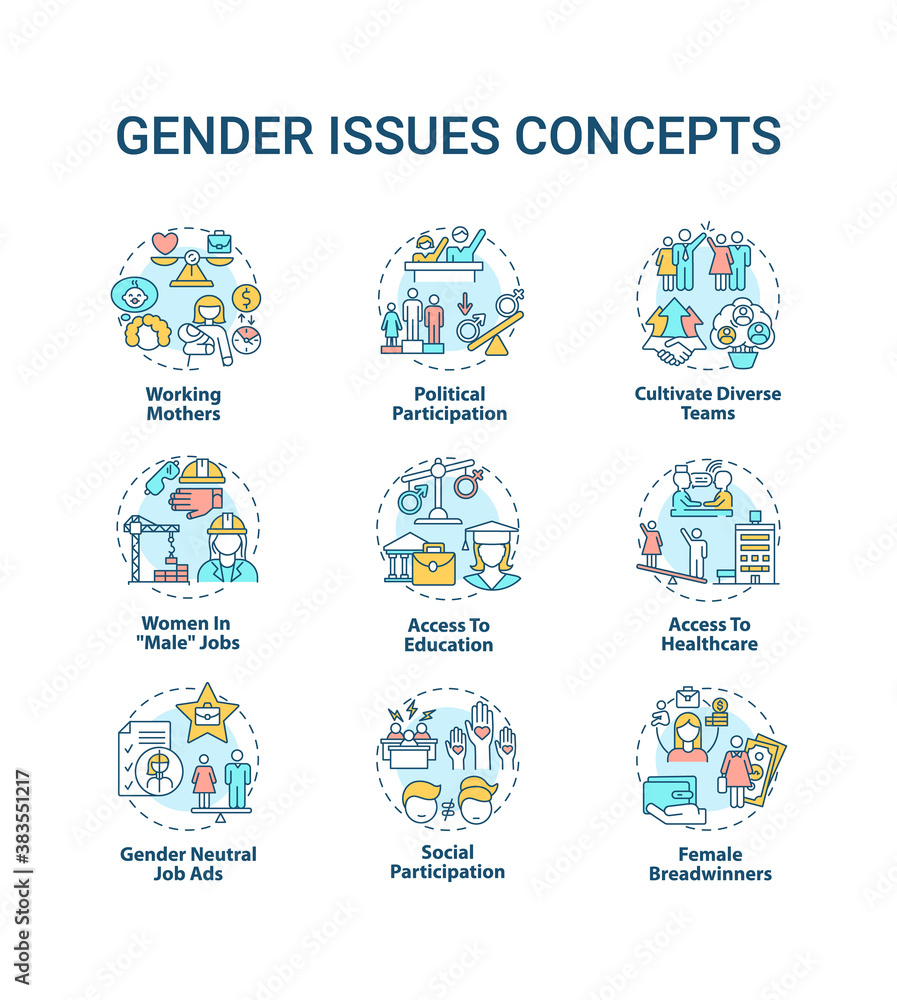 Gender issues concept icons set. Changing gender roles. Gender gap ...