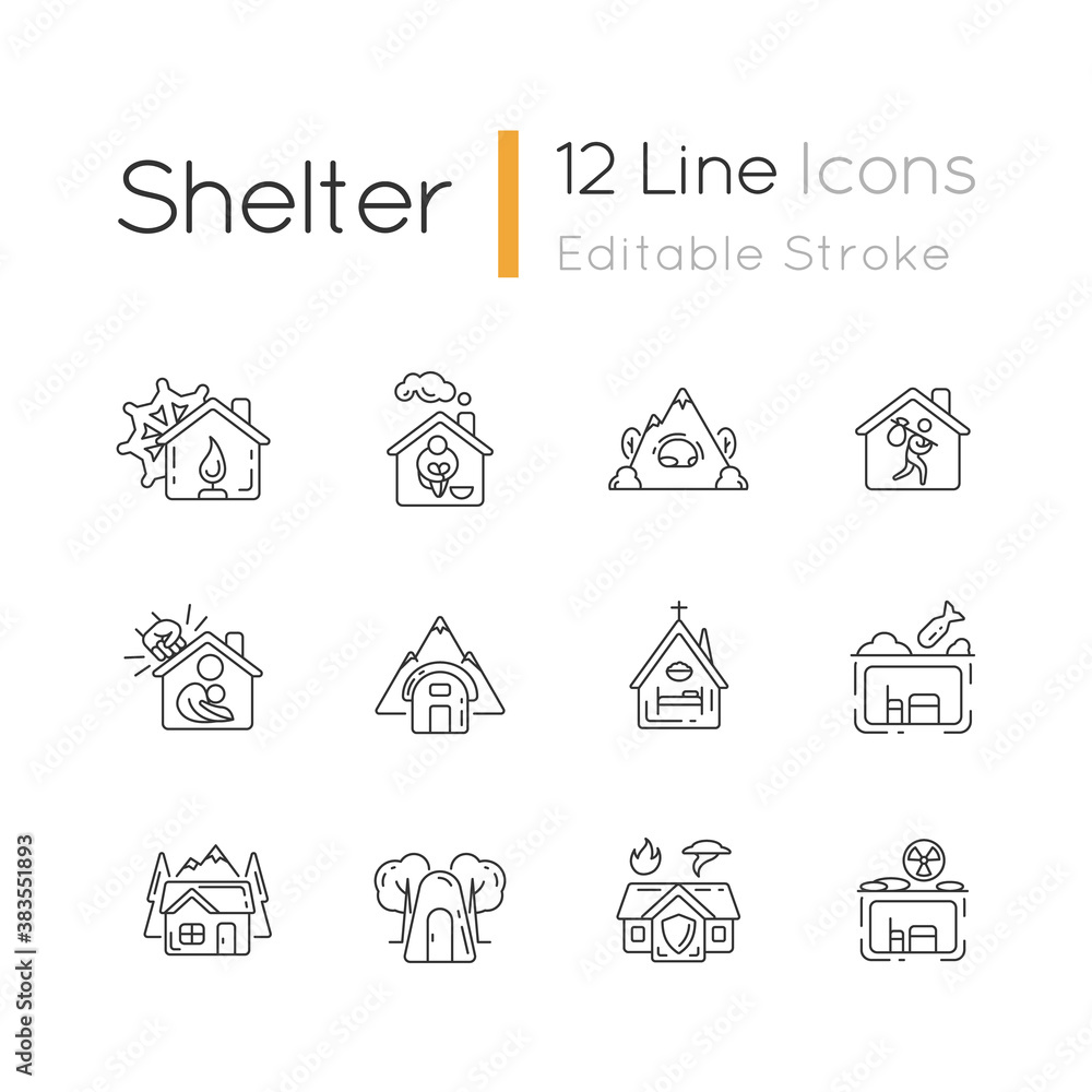 Shelters types linear icons set. Building. Safety and retreat place ...