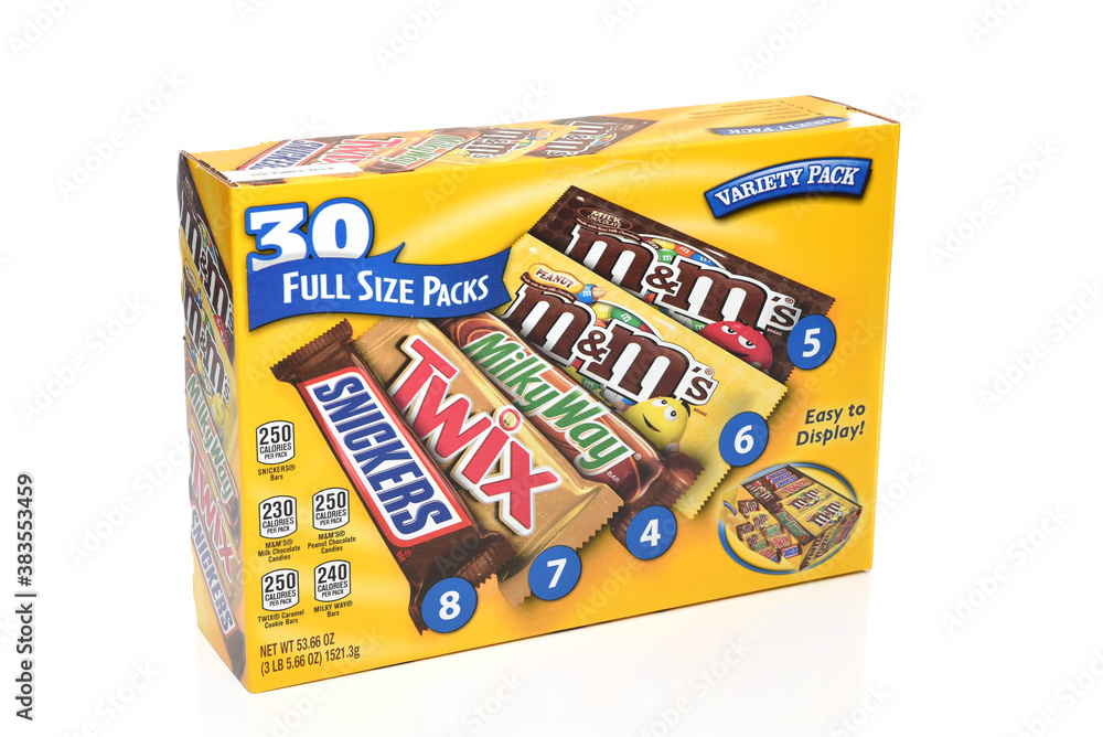 IRVINE, CALIFORNIA - 6 OCT 2020: A 30 count variety pack box of candy ...