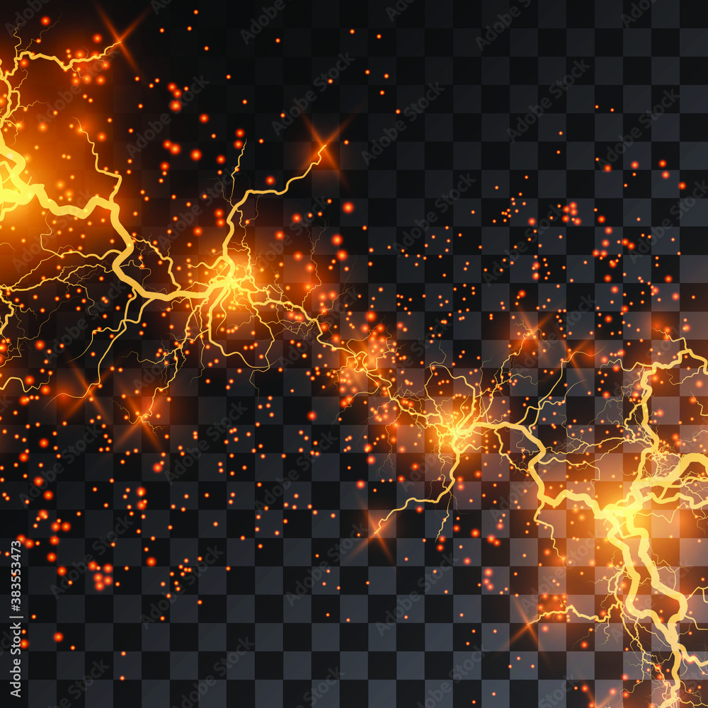 Realistic lightning bolts on a black transparent background. the charge ...