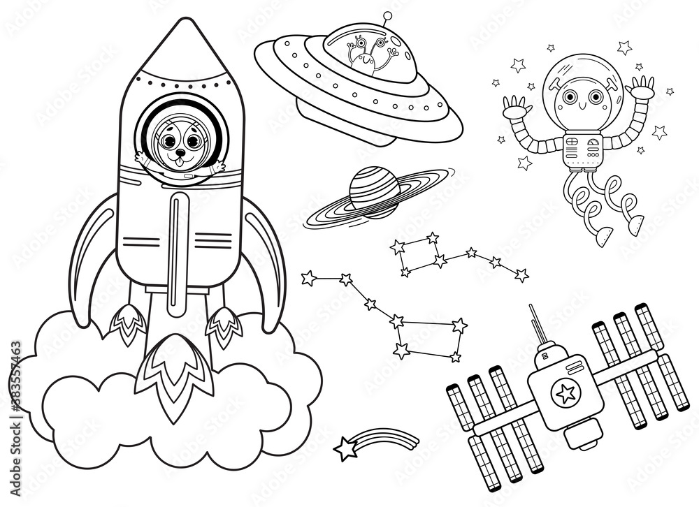 Funny coloring kids space transport set with characters. Spaceship, UFO ...
