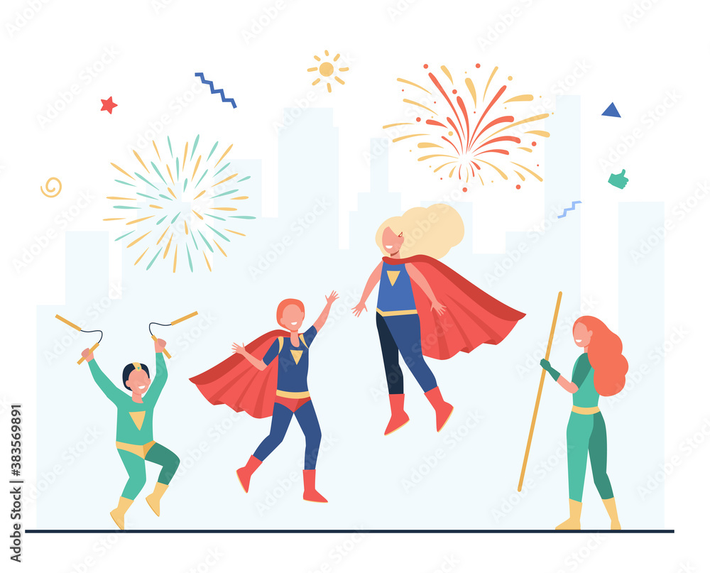 Happy superhero kids team flat vector illustration. Cartoon characters ...