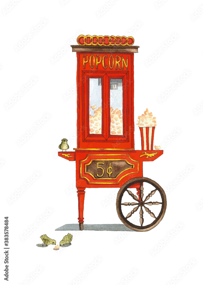 Red popcorn cart old style watercolor illustration isolated on white ...