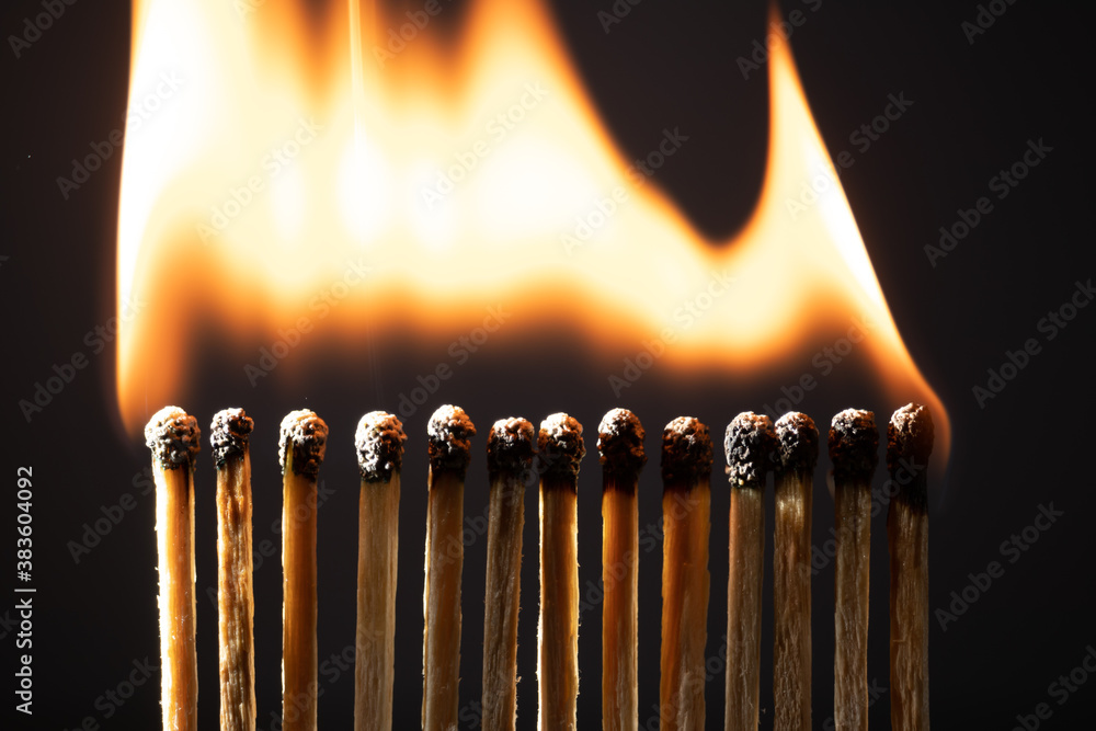 Poster Line of matches without distance where they are lit one by one ...