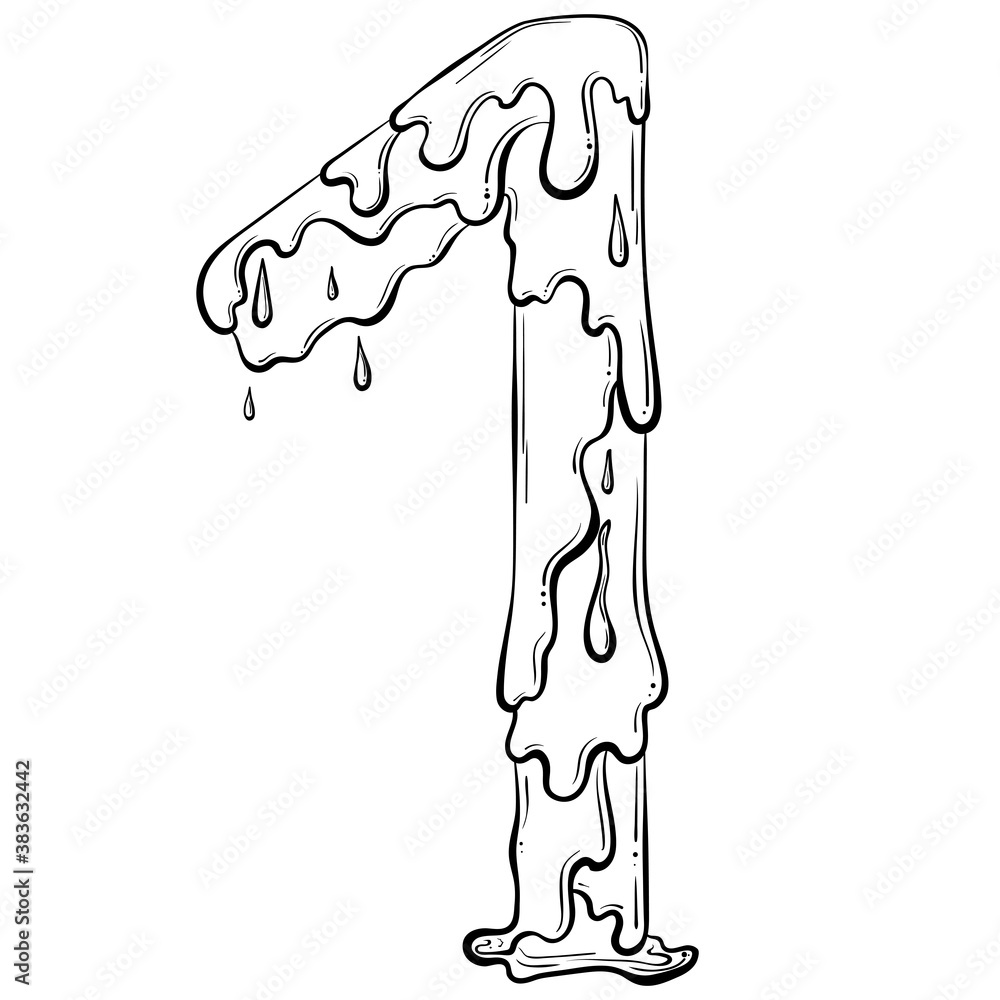 Number 1 with flow drops and goo splash. Dripping liquid symbol. Vector ...