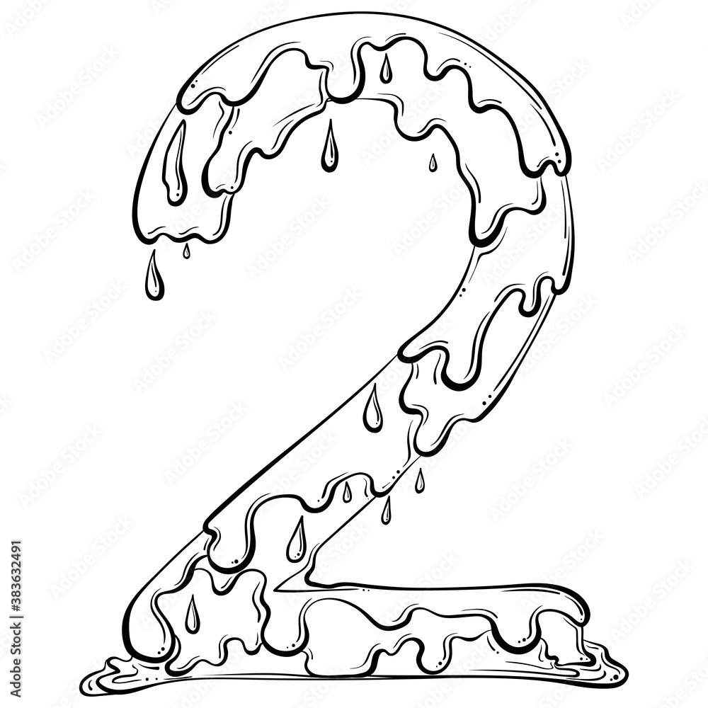 Number 2 with flow drops and goo splash. Dripping liquid symbol. Vector ...
