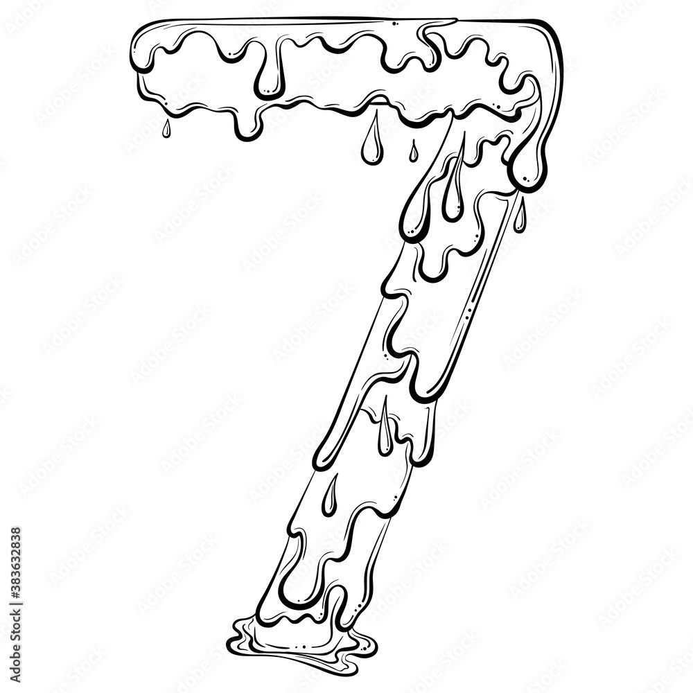 Number 7 with flow drops and goo splash. Dripping liquid symbol. Vector ...