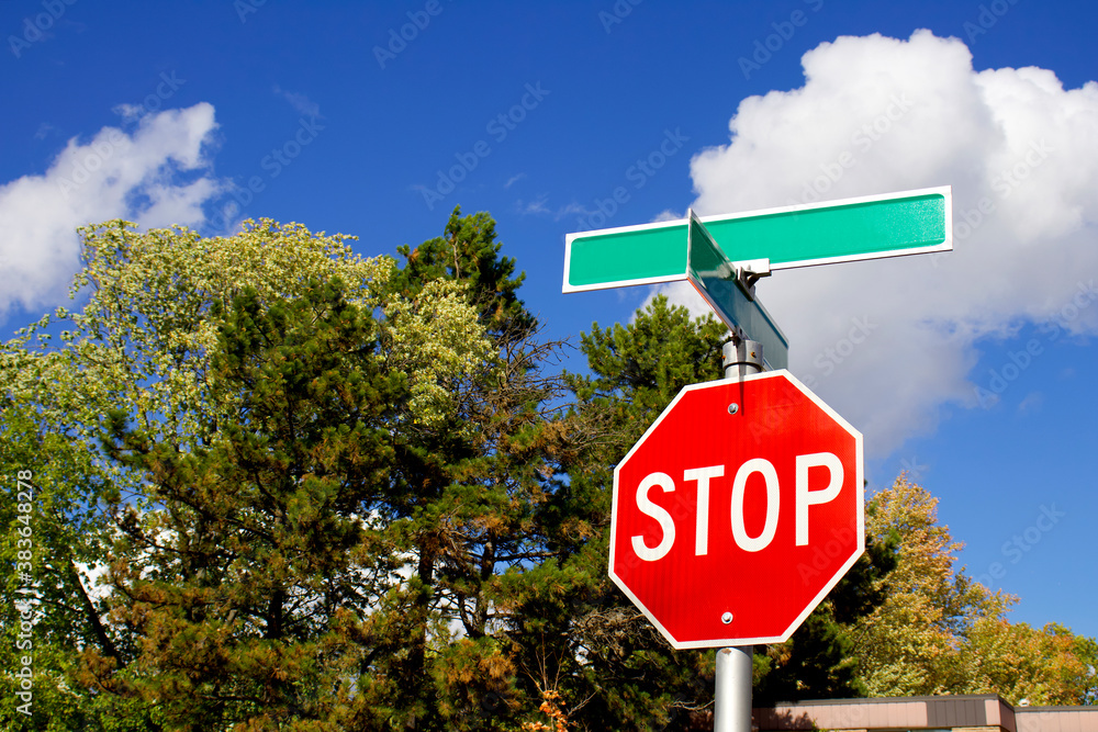 Red Stop sign with two green blank road street name signs post, blue ...