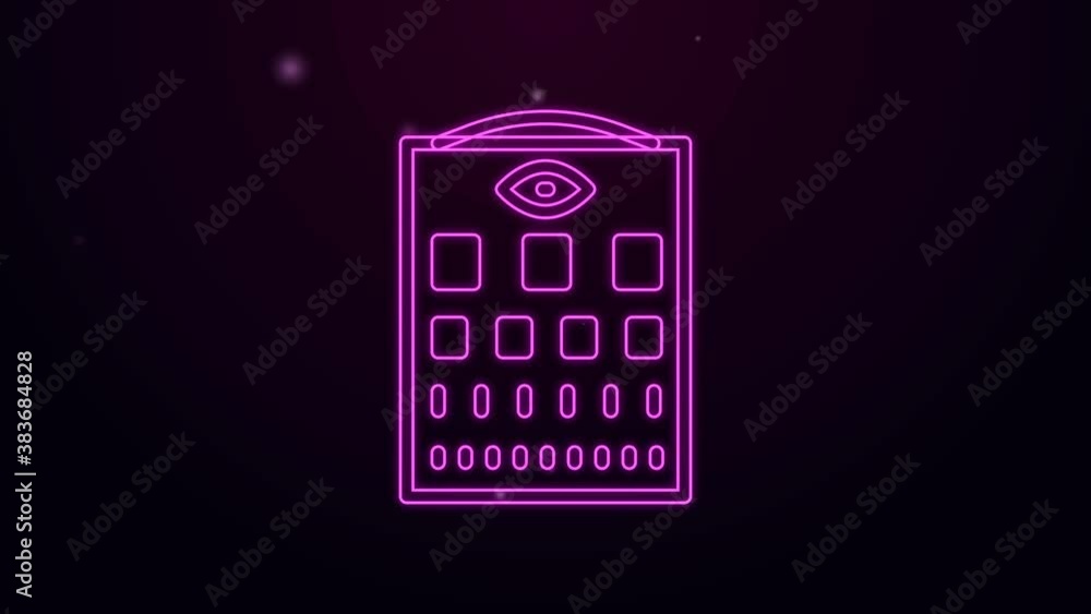Glowing neon line Eye test chart icon isolated on black background ...