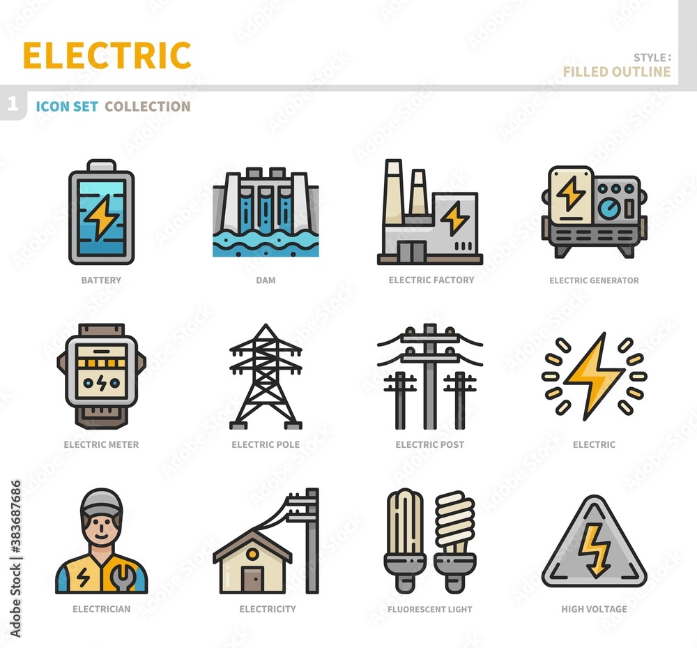 Vecteur Stock electric icon set,filled outline style,vector and ...