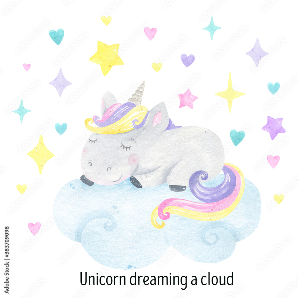 Watercolor funny unicorn sleep. Сlouds, stars, rainbow. Nursery Clipart ...