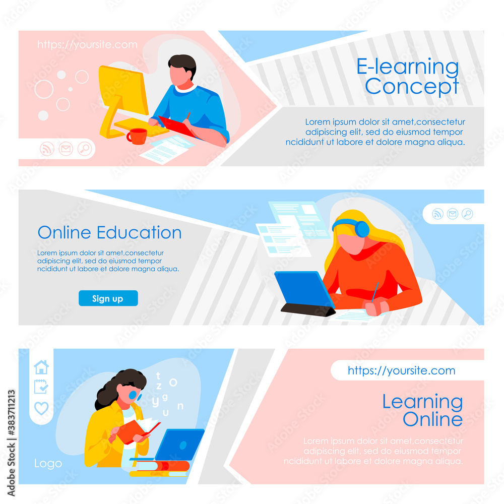 Education online web pages set. Students sitting in front of computers ...