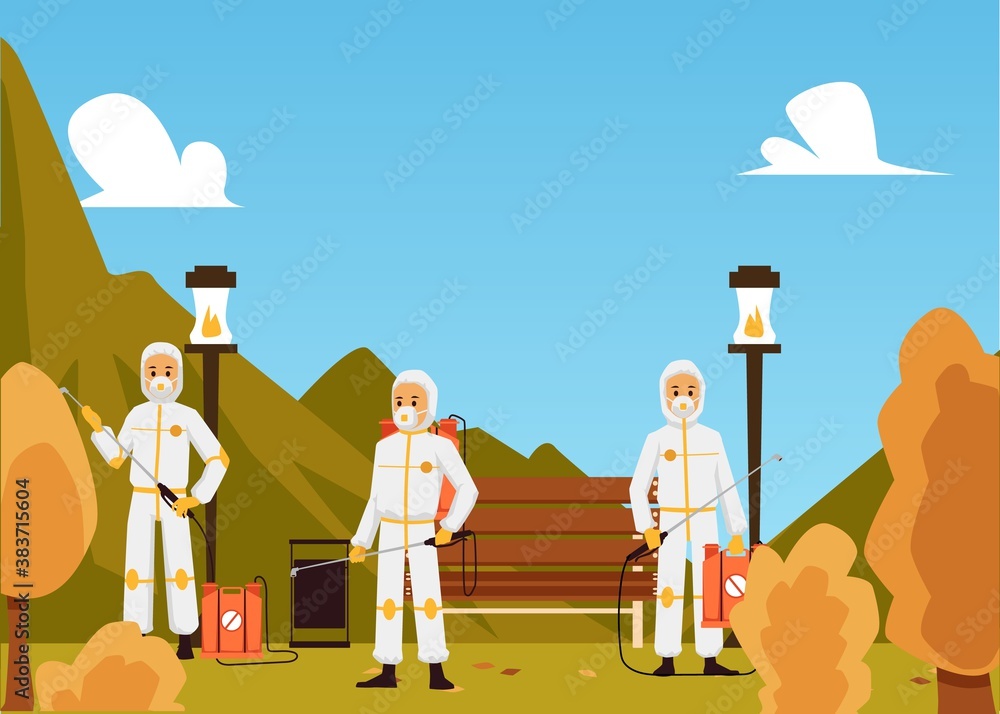 Exterminators poisoning insects in park, flat cartoon vector ...