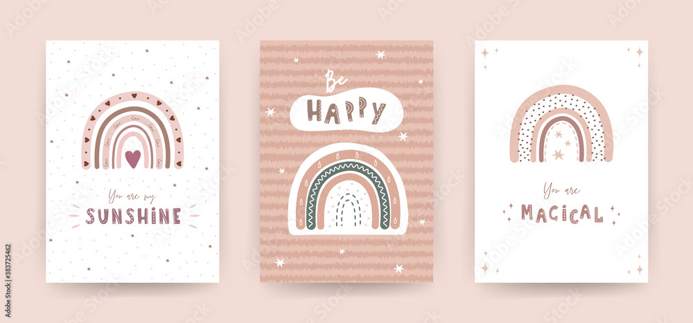 Trendy rainbows in boho style in pastel color. Set of different posters ...