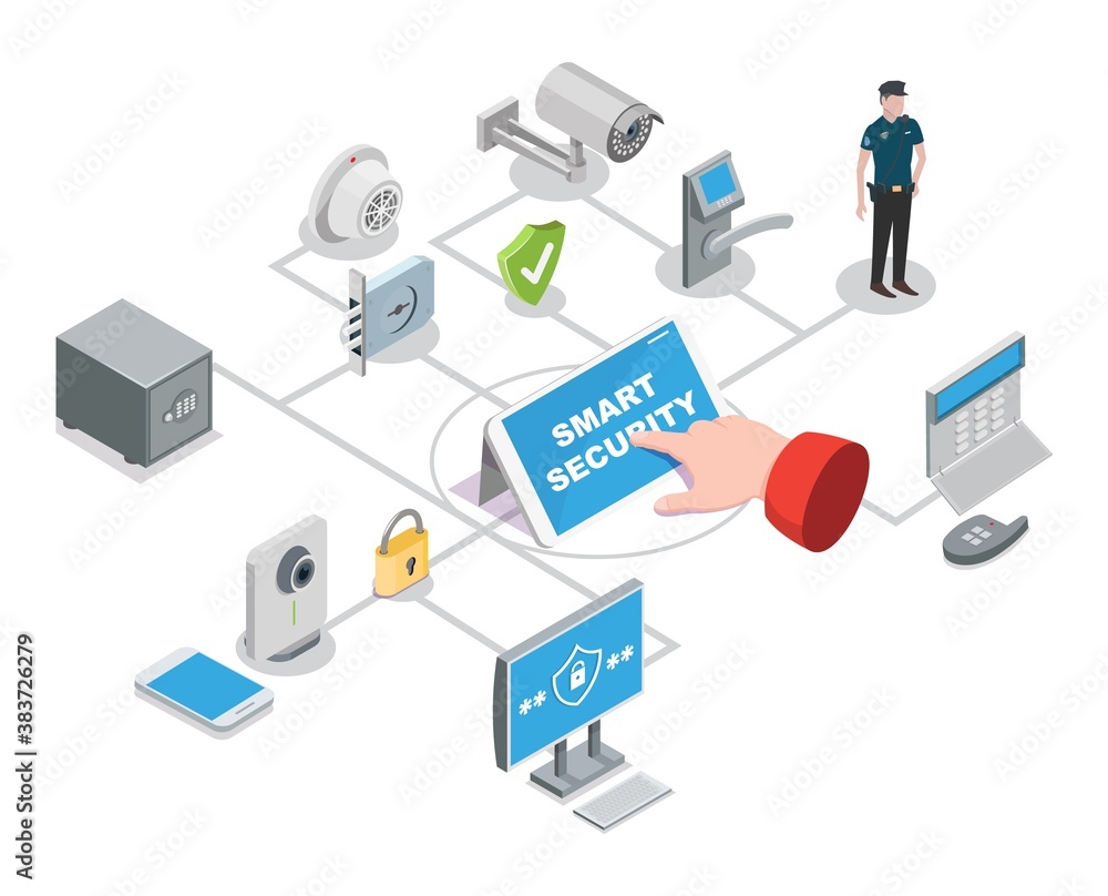 Smart home and office security system isometric flowchart, vector ...