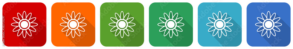 Flower icon set, flat design vector illustration in 6 colors options ...