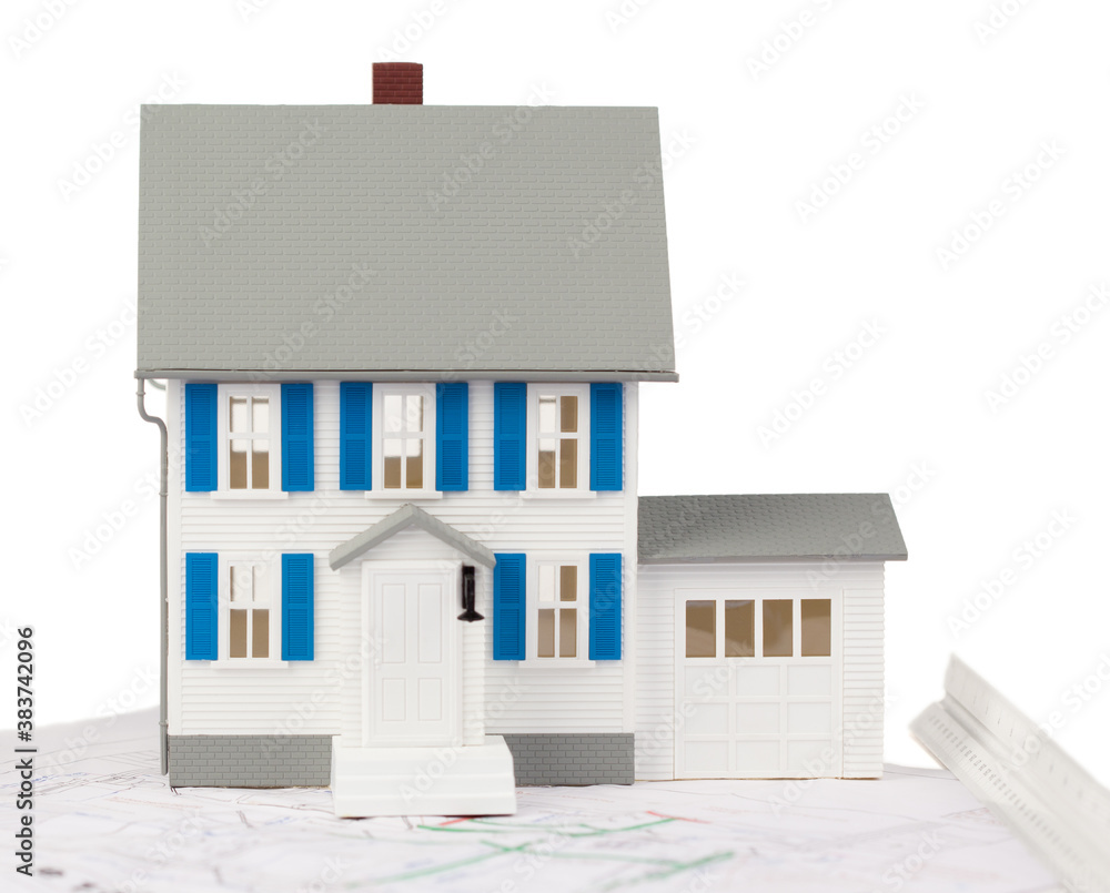 Front view of a toy house model on a ground floor plan Stock Photo ...