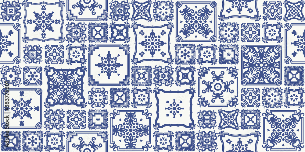 Seamless patchwork pattern of blue painted mosaic tiles with ...