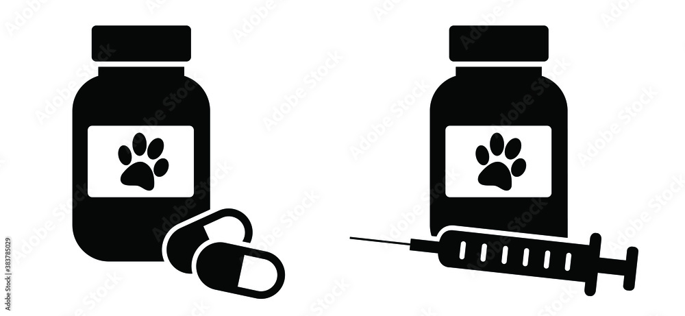 Dog or cat medicine bottle and pills and injection needles. Container ...
