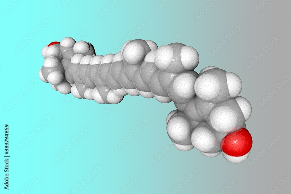 Molecular model of zeaxanthin. Atoms are represented as spheres with ...