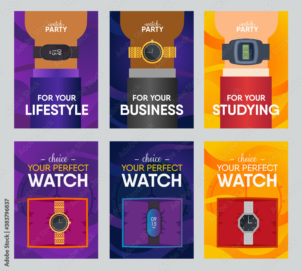 Vettoriale Stock Perfect watch banner design set. Watches in boxes and ...