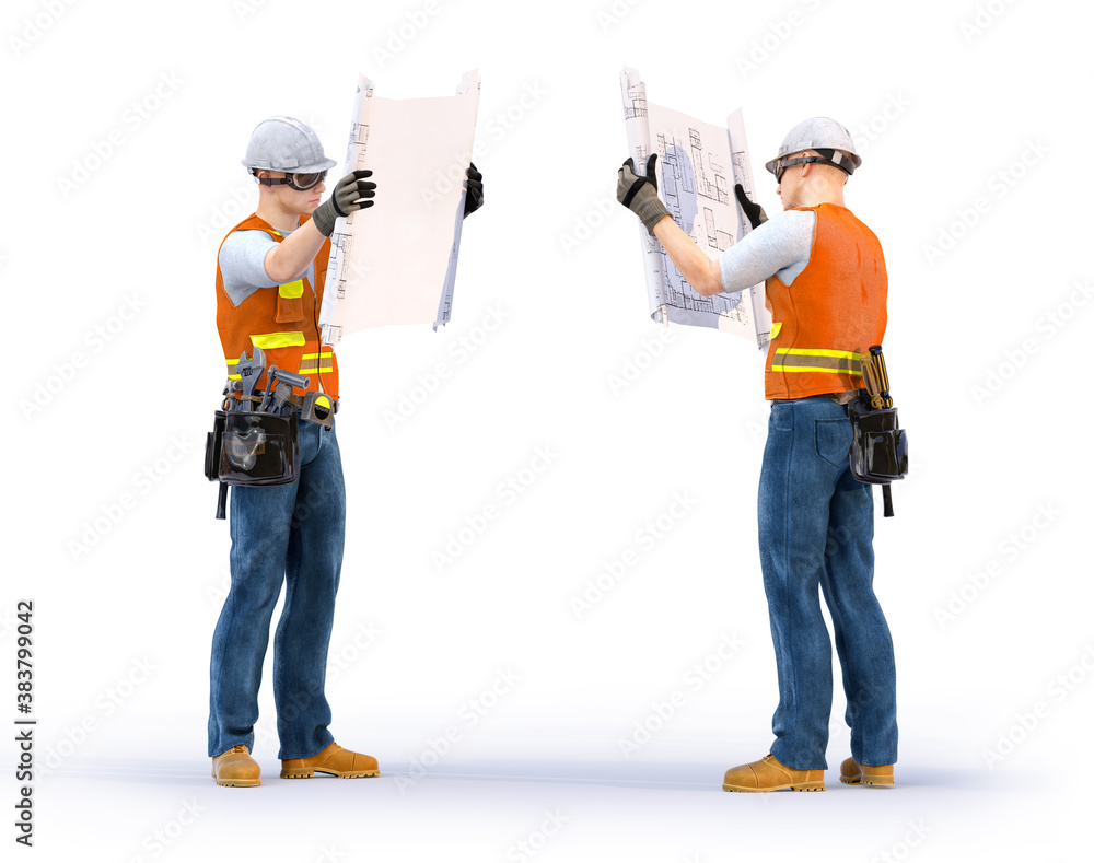 Construction worker, foreman engineer wearing vest, protective helmet ...