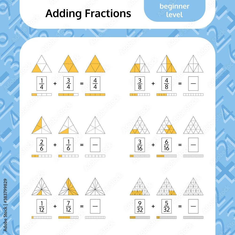 Adding Fractions Mathematical Worksheet. Triangles. Coloring Book Page ...