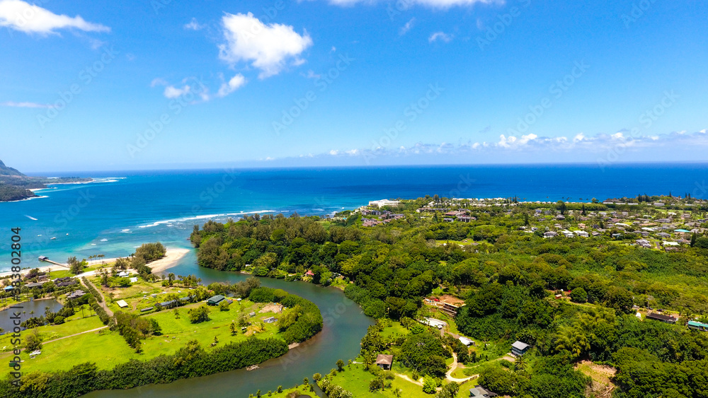 Aerial Princeville, Hanalei Bay is the largest bay on the north shore ...