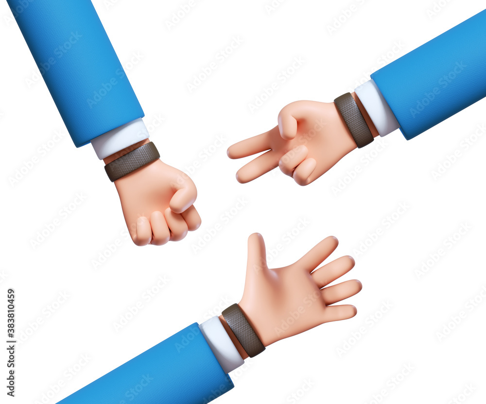 3d render, cartoon character businessman hands play rock paper scissors ...