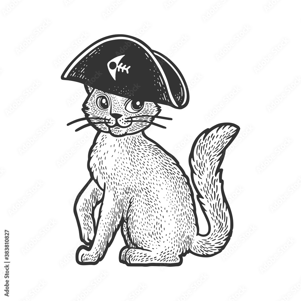 Pirate cat cartoon character sketch engraving vector illustration. T ...