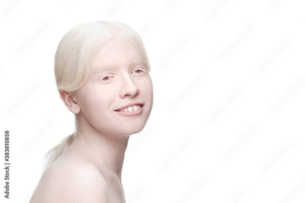 Shine. Portrait of beautiful albino woman isolated on white studio ...