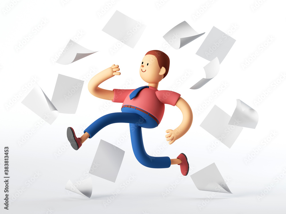 3d render. Man cartoon character runs and document papers fall ...