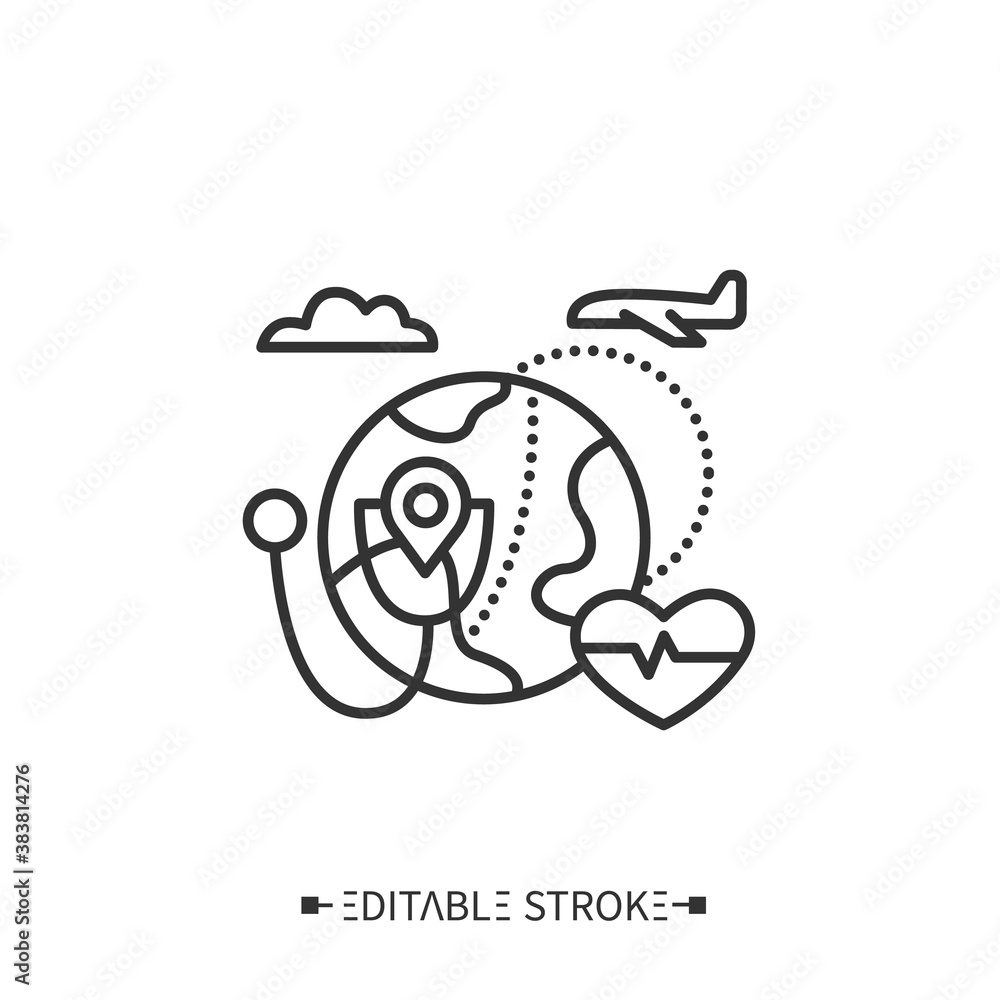Health tourism line icon. Medical travelling to another country to get ...