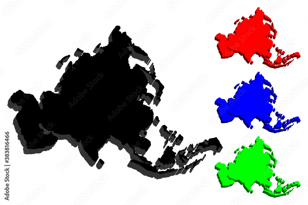 3D map of Asia continent - black, red, blue and green - vector ...