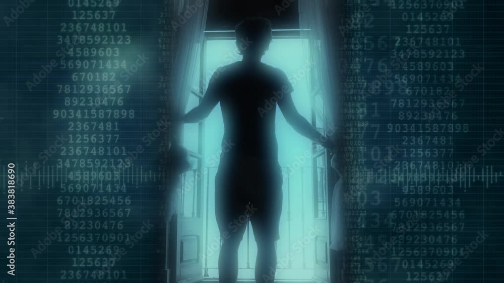Man Enters Matrix Source Code. Silhouette of a man opens a window to ...