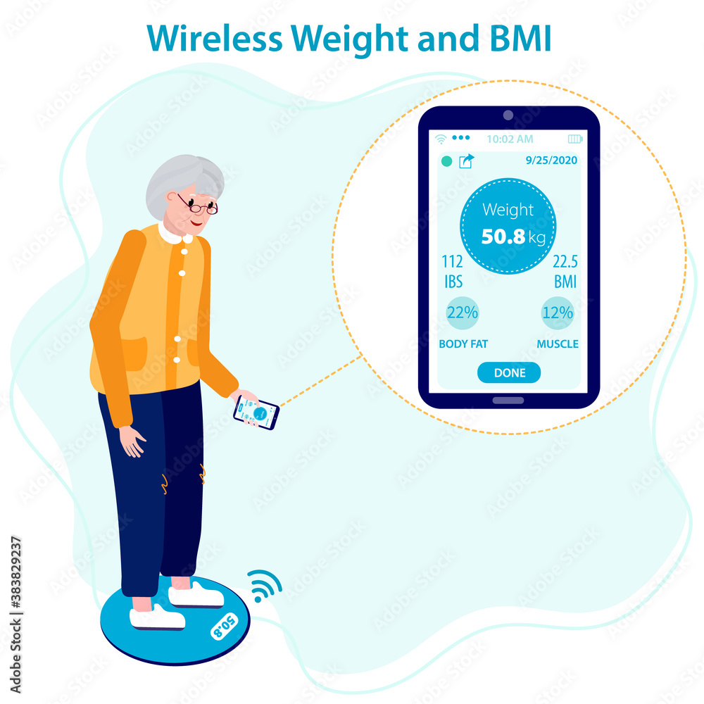 Elderly Female Patient measuring her Weight and BMI on a Wireless ...