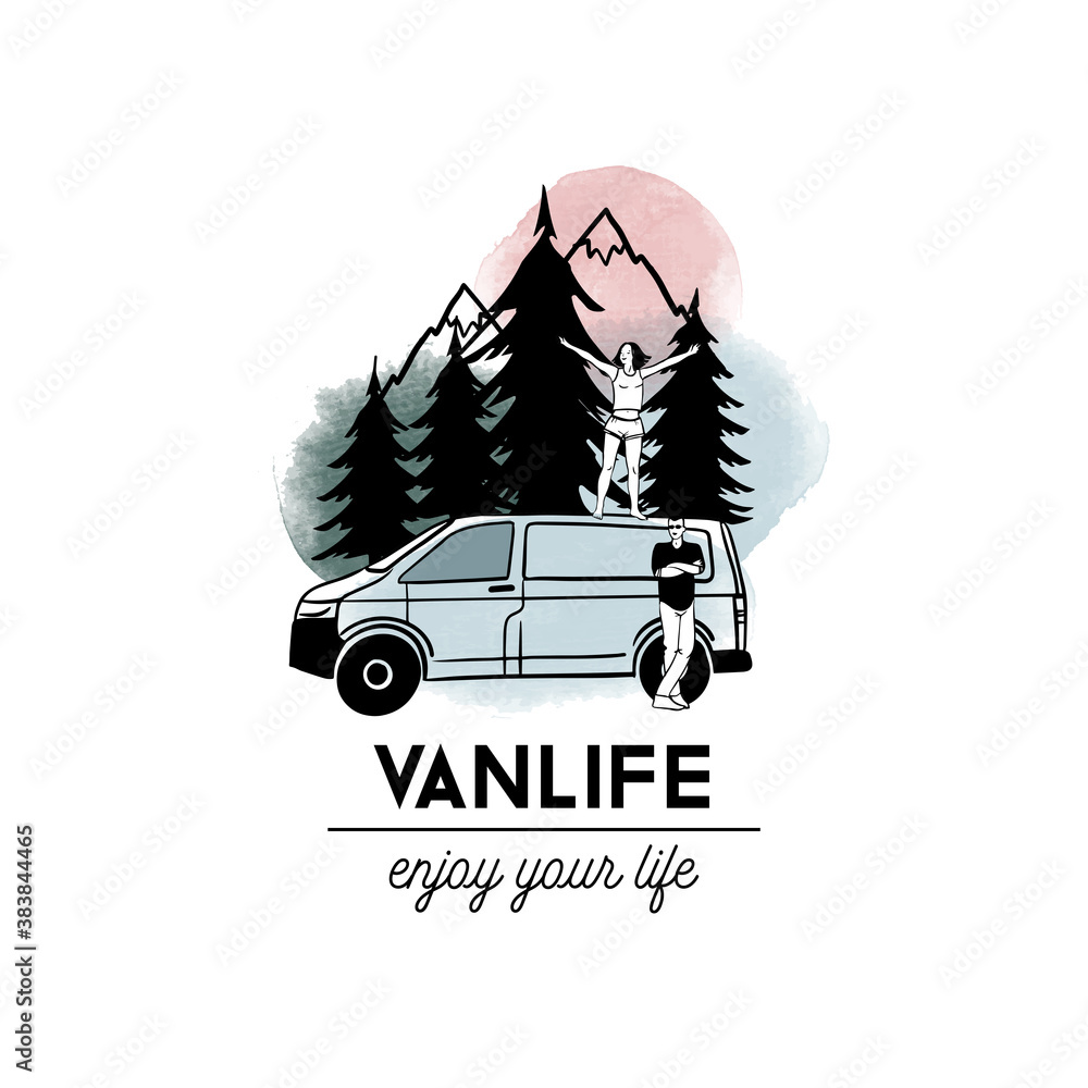 Van life poster. Watercolor ansd sketch vector illustration. Stock ...