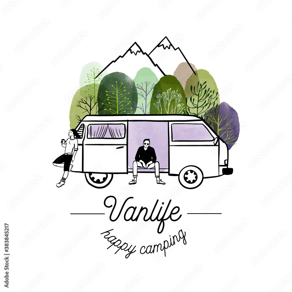 Van life poster. Watercolor ansd sketch vector illustration. Stock ...
