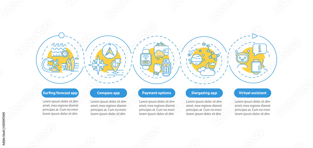 Smartwatch attributes vector infographic template. Payment, virtual ...