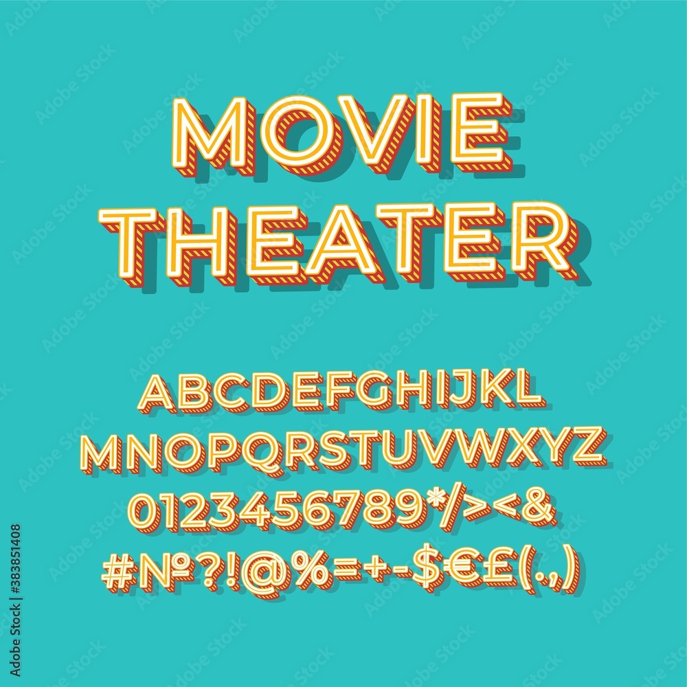Movie theater vintage 3d vector alphabet set. Retro bold font, typeface ...