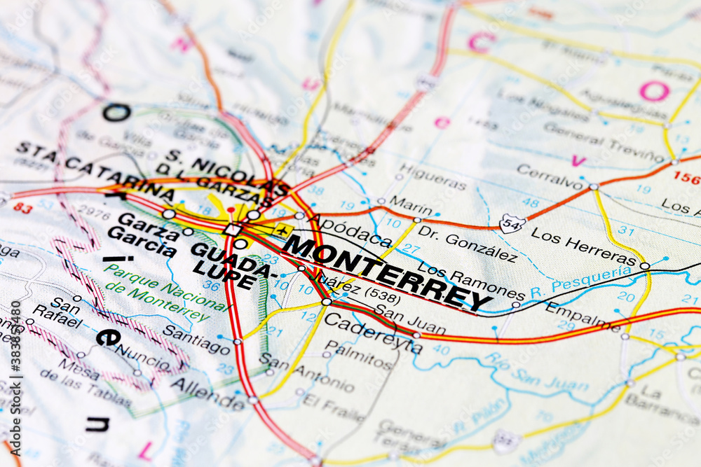 Monterrey Mexico road map area. Closeup macro view foto de Stock | Adobe Stock